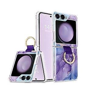 Vowodu Marble Case for Samsung Galaxy Z Flip 5 Case with Ring, [Precise Camera Protection]+[1*Screen Protector], Wireless Charging Anti-Scratch Shockproof Case for Z Flip 5 5G (Blue Purple)