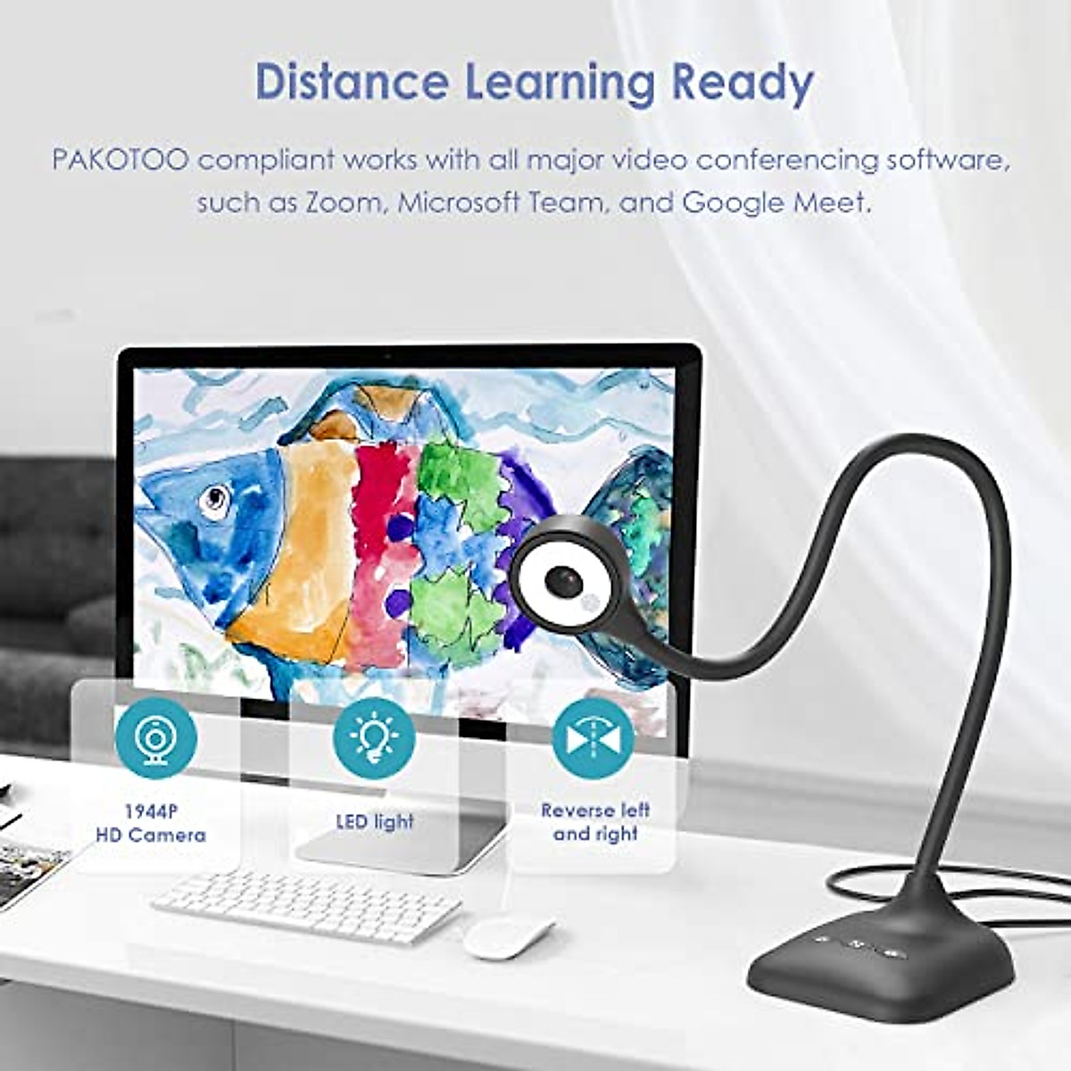 PAKOTOO USB Document Camera for Teachers, Webcam/Doc Camera for Classroom with A3 Format, 3-Level LED Lights, Image Invert, Fold, Dual mic for Mac OS, Windows, Zoom, OBS Work with Distance Learning
