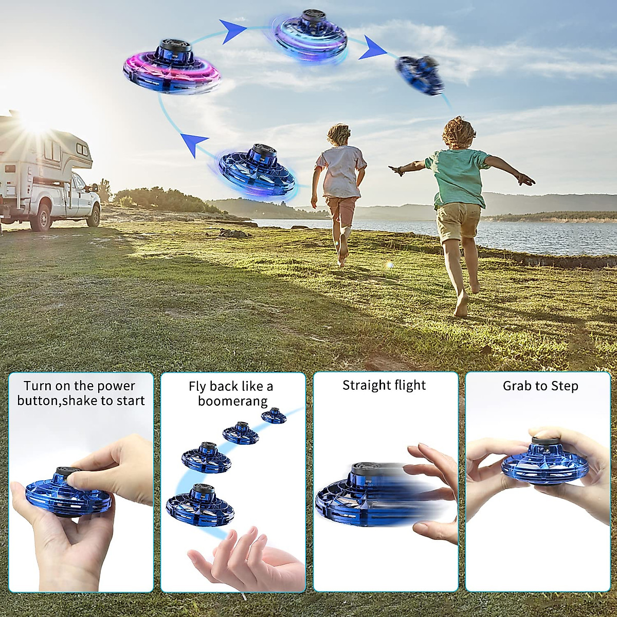 OBEST Flying Spinner UFO Mini Drone, Fidget Flying Spinner Hand Operated Drones Indoor Outdoor Cool Stuff, Mini Drones Toys Birthday Gifts for Kids Ages 8+