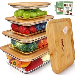 EcoPreps Glass Food Storage Containers with Bamboo Lids [4 Pack] 100% Plastic Free, Eco-Friendly, Oven, Microwave Safe Glass Meal Prep Containers, Glass Lunch Containers, Bamboo Lid Storage Containers