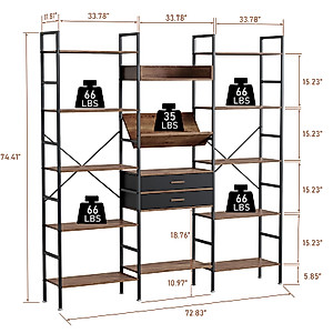 GRYPQROH Book shelf and Bookcase Triple Wide 5 Tier Industrial Bookshelf with Drawers & 14 Open Display Shelves, Large Etagere Tall Bookcase with Metal Frame for Home Office Living Room Retail Display