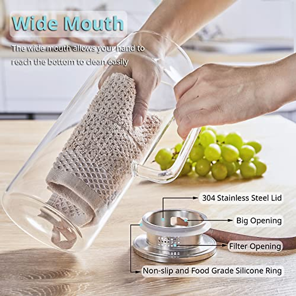 2 Liter 68 oz Glass Pitcher with Lid and Spout, Bivvclaz Glass Water Pitcher for Fridge, Glass Carafe for Hot/Cold Water, Iced Tea Pitcher, Large Pitcher for Coffee, Juice and Homemade Beverage