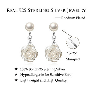 Reffeer Solid 925 Sterling Silver Flower Drop Earrings Dangle for Women Imitation Pearl Drop Earrings Flower Camellia (A-Silver)