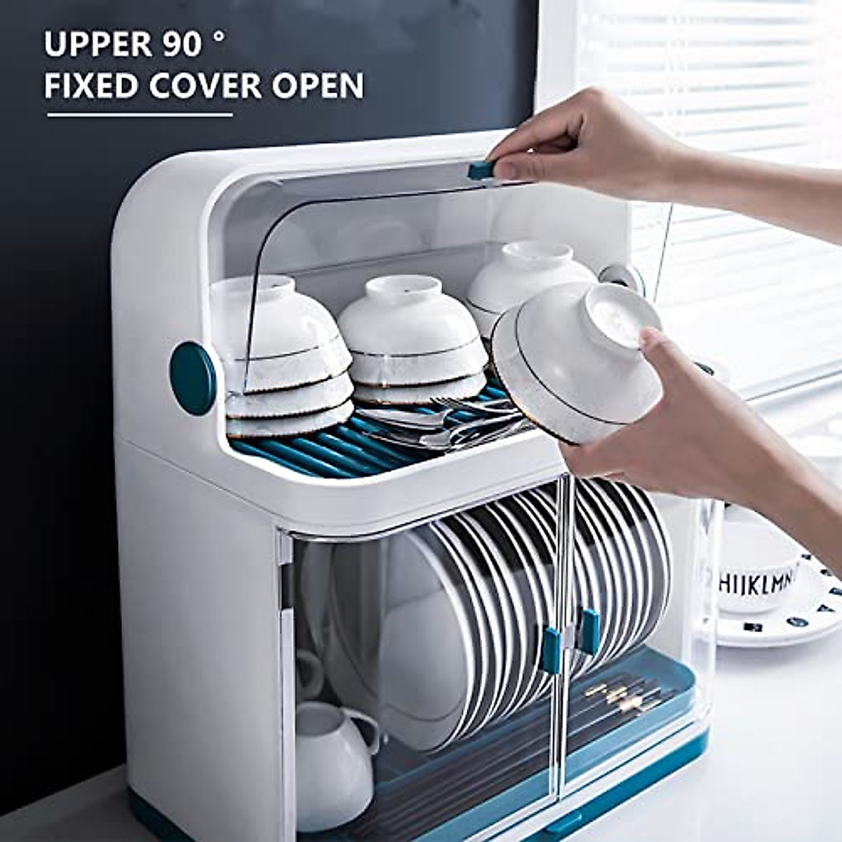 Gdrasuya10 2 Tier Dish Drying Rack Modern Houseware Dish Organizer Cutlery Drainer with Lid Cover Detachable Drip Tray Storage Box Basket for Kitchen Organizing Storage Holder