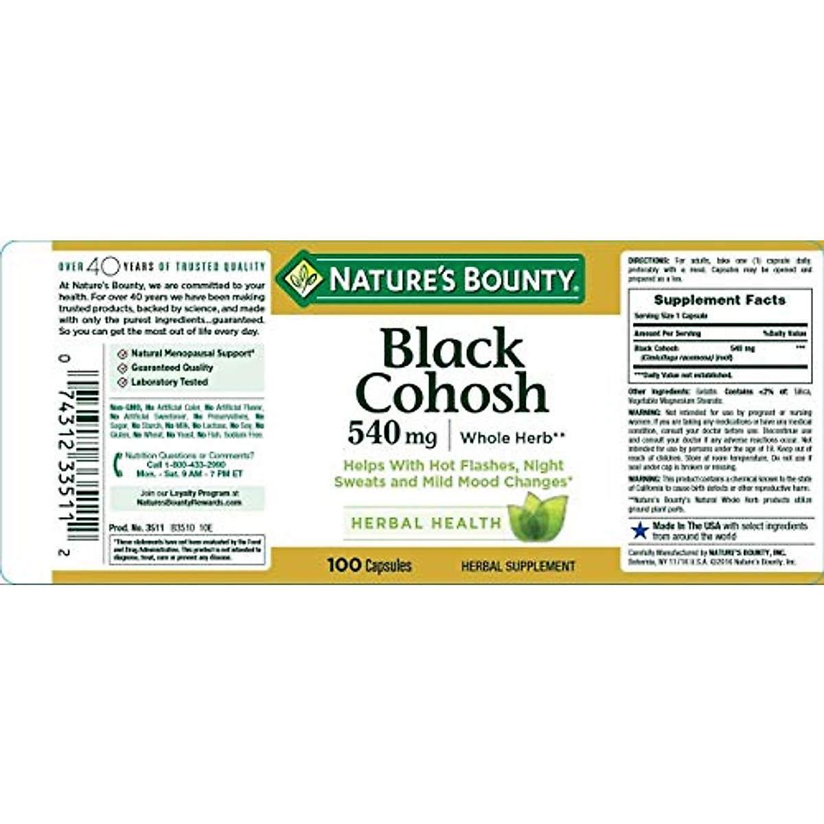 Nature's Bounty Black Cohosh Root Pills and Herbal Health Supplement, Natural Menopausal Support, 540 mg, 100 Capsules, Gelatin. Contains <2% of: Silica,Vegetable Magnesium Stearate.