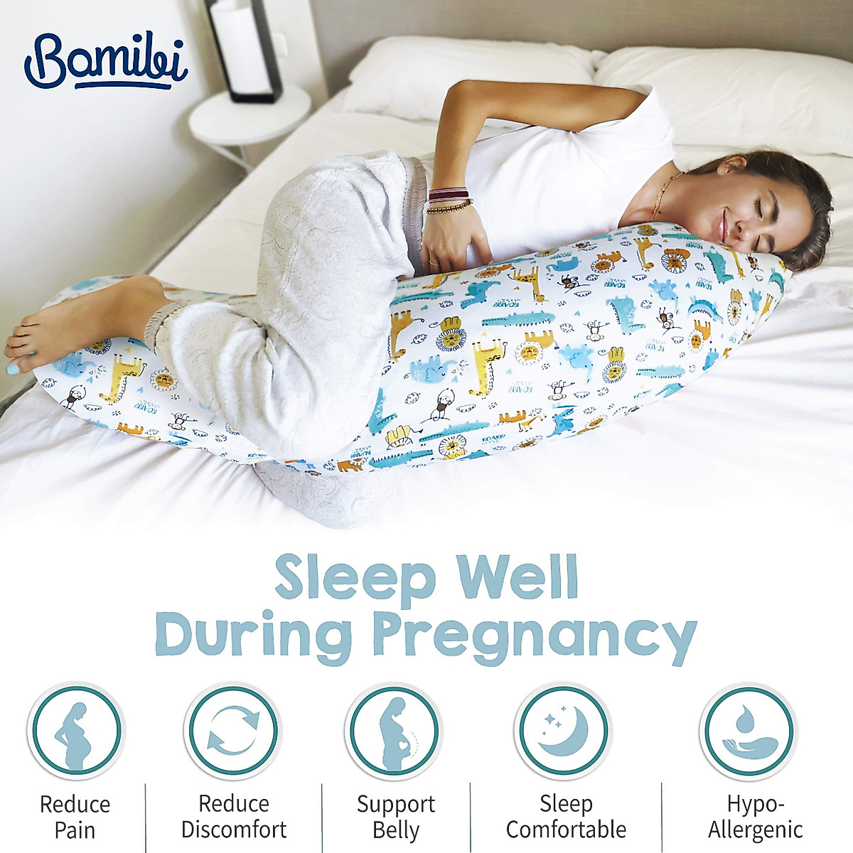 Bamibi® Pregnancy Pillow - Full Body Support Maternity Pillow for Sleeping – Providing Support for Adults and Pregnant Women Back, Hips, Legs & Belly - Removable 100% Cotton Cover (Animals)