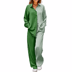 PRETTYGARDEN Women's 2 Piece Satin Outfits Long Sleeve Button Down Tops Wide Leg Pants Silk Loungewear Pajama Sets (Grass Green_Light Green,Medium)