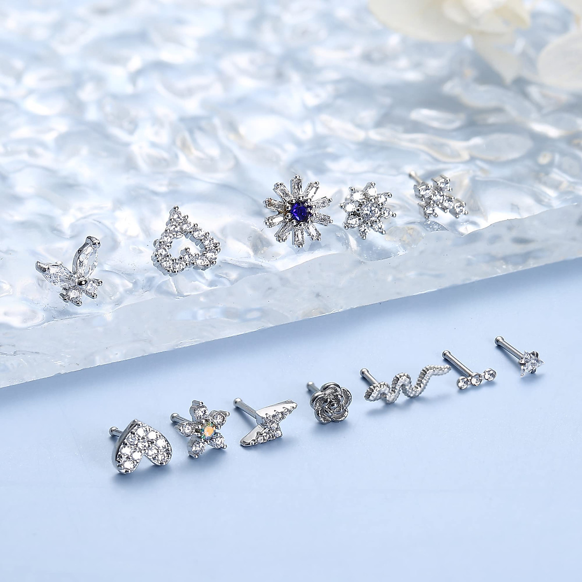 YADOCA 12 Pcs 20G Nose Studs Surgical Steel Nose Rings Studs for Women Men CZ Heart Butterfly Flower Snake Nose Piercing Jewelry