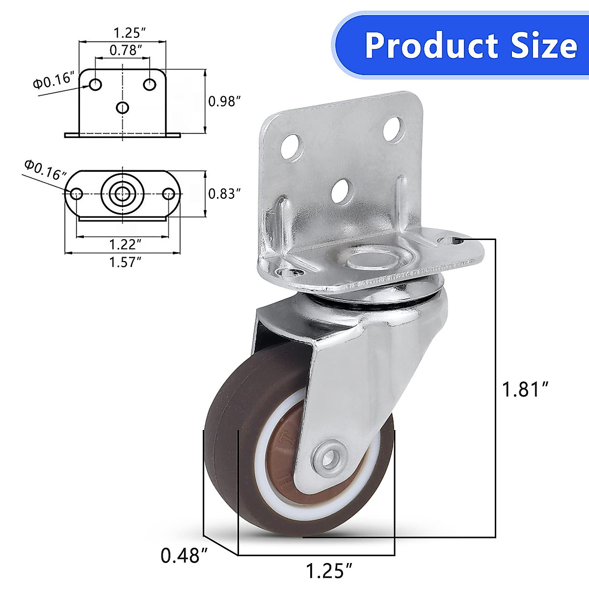 Side Mount Casters Set of 4 with Brake,1.25inch L-Shape TPR Plate Casters,Small Wheels for Furniture Wheels, Baby Bed, suitcase,Cabinet Wheels,Table Casters,Loading Capacity 150 Lbs (1.25” L-Shape)