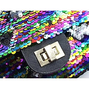 Women Sequin Crossbody Purse Shoulder Bag Rainbow Reversible Pouch with Chains