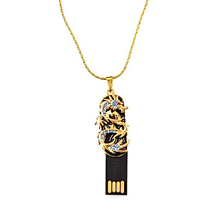 32GB USB Flash Drive Lovely Golden Dragon Thumb Drive with Crystal Pendant with Necklace USB 2.0 Memory Stick Pendrive by FEBNISCTE