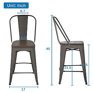 FDW Metal Bar Stool Set of 4 Counter Height Barstool with Back 24 Inches Wood Seat Height Industrial Bar Chairs Patio Stool Stackable Modern Kitchen Stool Indoor Outdoor Kitchen Stools (Bronze)