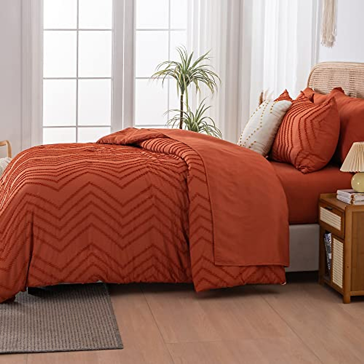 Litanika King Size Comforter Set with Sheets Burnt Orange - 7 Pieces Bed in a Bag King Boho Terracotta Complete Beddding Sets Rust Lightweight Bed Set with Comforter, Sheets, Pillowcases & Shams