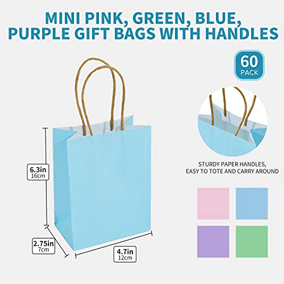 60 Pack Mini Small Pink Blue Green Purple Colored Paper Gift Bags with Handles for Birthday Wedding Baby Shower Party Favors, Shopping, Retail, Merchandise, 6.3x4.7x2.75 Inch ( 4 Colors Assorted)