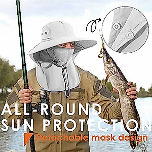 HEEHIPOO Mens Women Fishing Hat UPF 50+ Wide Brim Sun Hat with Face Cover & Neck Flap Light Gray