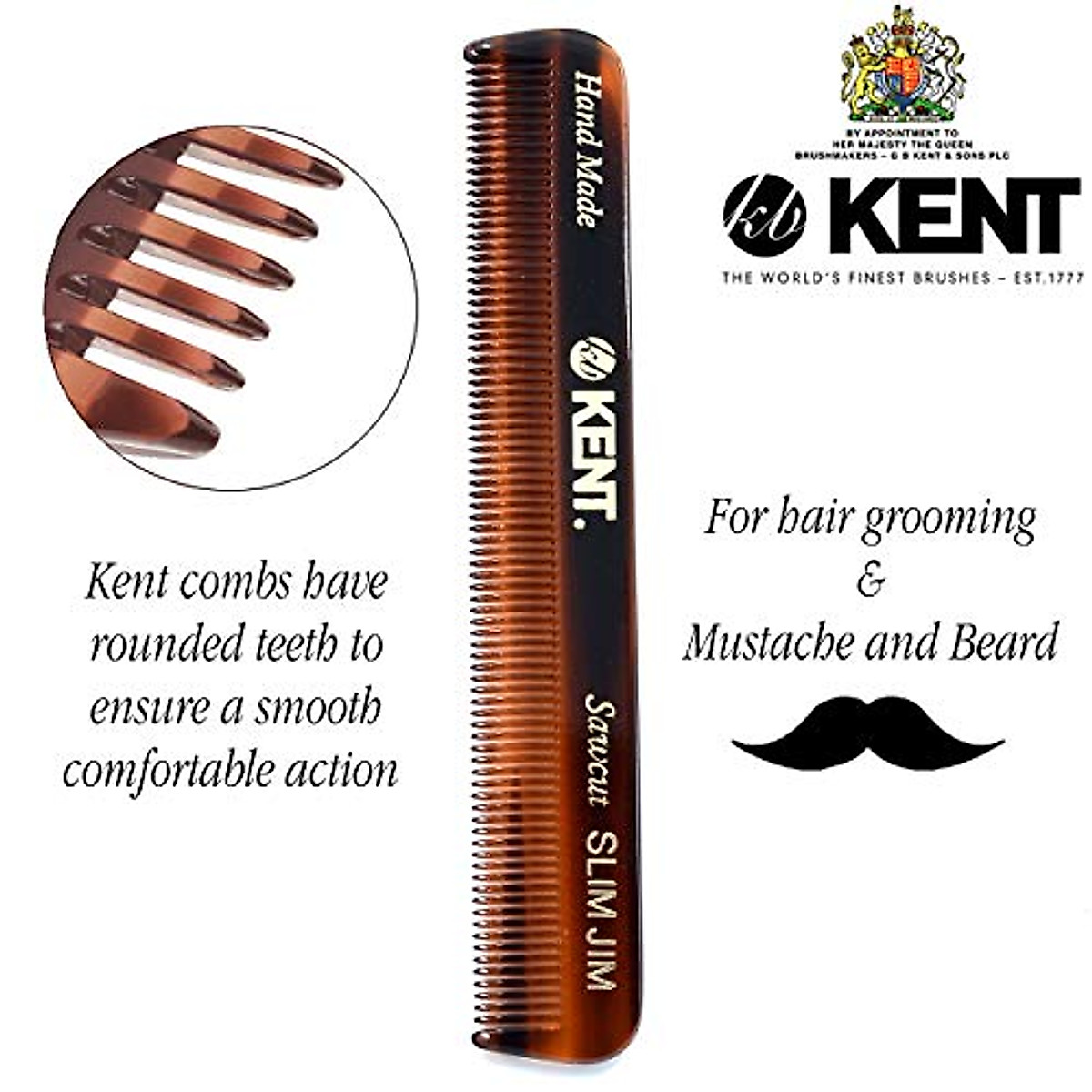 Kent Slim Jim Handmade All Fine Tooth Pocket Comb for Men, Hair Comb Straightener for Everyday Grooming Styling Hair, Mustache and Beard, Use Dry or with Balms, Saw Cut Hand Polished, Made in England