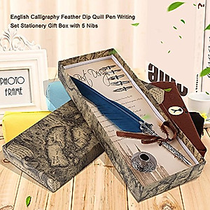 Wal front Feather Pen,English Calligraphy Dip Quill Pen Writing Set Stationery Gift Box with 5 Nibs(sky blue)