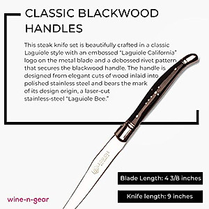 Laguiole California Steak Knives - 6 Piece Blackwood Set - Ergonomic Handles - Stored in a California Oakwood Gift Box - Extremely Sharp Straight Steel Blades are Thick Gauge, Full Tang