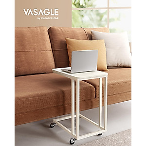 VASAGLE End Table, C Shaped TV Tray with Metal Frame Rolling Casters for Coffee Laptop Mobile Tablet, Industrial Side Table for Living Room Bedroom, 19.7 x 13.8 x 23.6 Inches, Cream White ULNT050W77