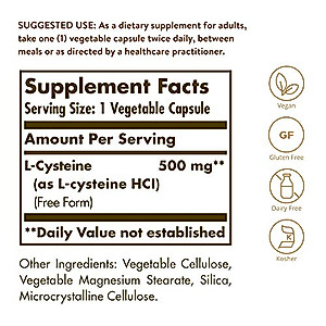 Solgar L-Cysteine 500 mg, 90 Vegetable Capsules - Free Form Amino Acid - Keratin Support for Skin, Hair & Nails - Glutathione Support - Vegan, Gluten Free, Dairy Free, Kosher - 90 Servings