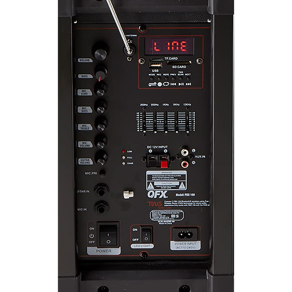 QFX PBX-100 Portable Rechargeable Bluetooth Speaker with LED Party Lights, Dual 10 in. Woofers, TWS, FM Radio, Handles and Wheels