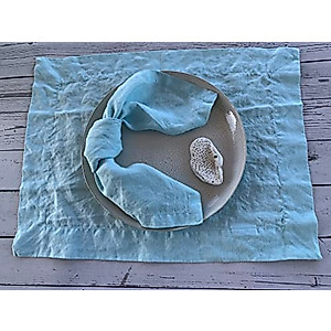 Eight Owls Stonewashed Linen Placemats – 15” x 20”– Set of 4-100% Pure Linen Cloth - Mitered Corners – 2" Hem – Coast (Aqua Lagoon)