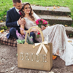 Silkfly Wedding Bride Bag Natural Jute Bride Tote Bag with Ribbon Bride Gift Bag with Handle for Bridal Shower (Gold Edges,Bride)