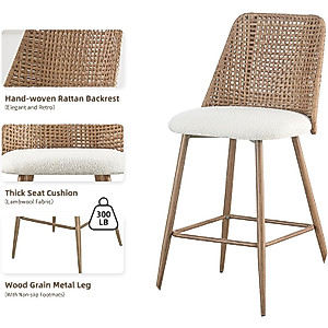 JALOURT Rattan Counter Height Bar Stools Set of 2, Modern Upholstered Bar Stools with Full PE Cane Back,26''Rattan Back Counter Stools with Solid Metal Legs for Kitchen Bar Island,Brown