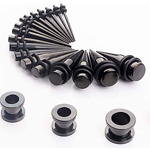 CABBE KALLO 36pcs Steel Ear Stretching Kit 14G-00G 9 Sizes Surgical Steel Tapers Tunnels Gauges Set for Starter Women Men Expanders Body Piercing Gift Jewelry, Black
