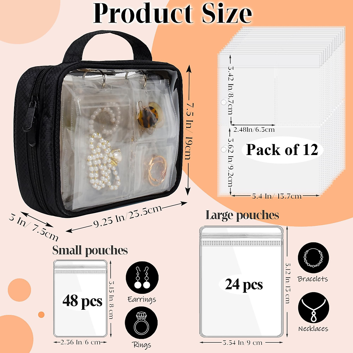 LingLingo Travel Jewelry Organizer Case Transparent Jewelry Storage Book Binder Bag for Earrings, Rings, Necklace, Bracelet,Black