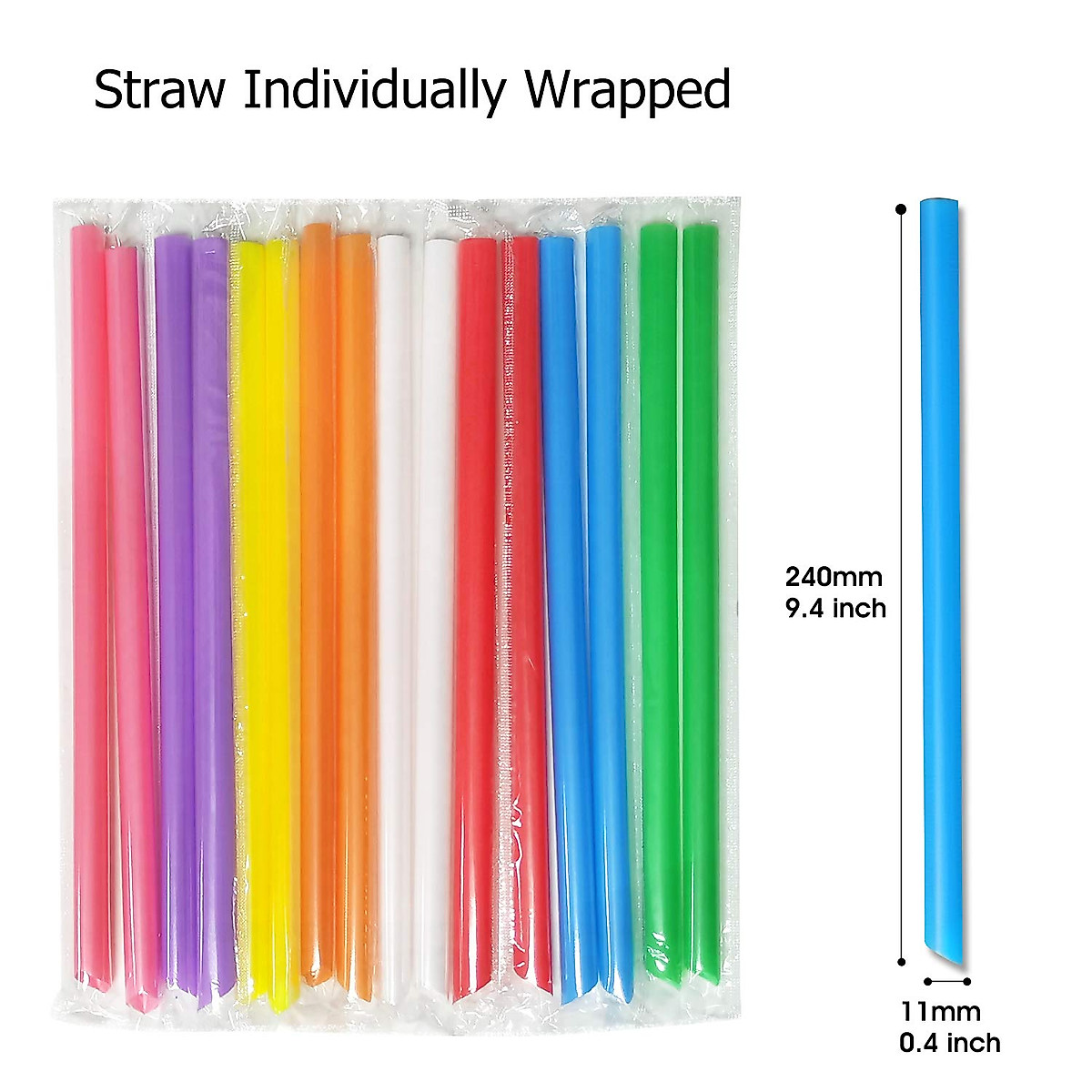 MYJIE 100 Pcs Jumbo Smoothie Straws Boba Straws,Individually Wrapped Multi Colors Disposable Plastic Large Wide-mouthed Milkshake Bubble Tea Drinking Straw(0.43" Diameter and 9.45" long)