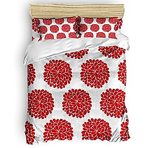 Red Dahlia Bed Bedding 4 Piece Comforter Set - Duvet Cover Set Queen Size Premium with Zipper Closure Ultra Soft, 4 Piece-1 Microfiber Duvet Cover Matching,2 Pillow Shams,1 Fitted Sheet