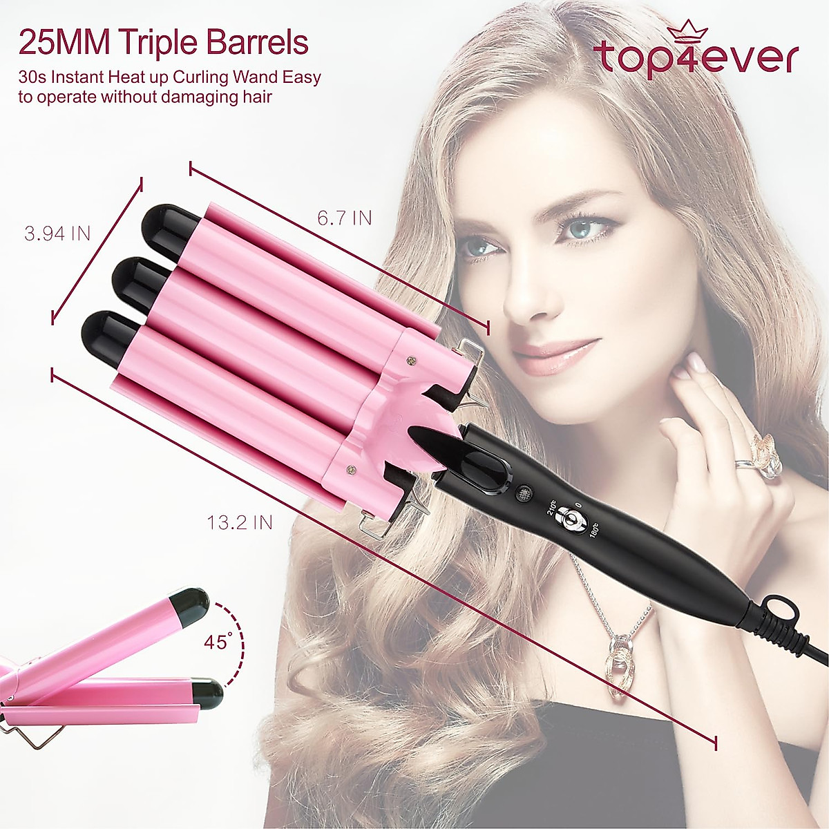 TOP4EVER 3 Barrel Curling Iron, 1 inch Crimper Hair Tool,Crimping Waver for Women Beach Waves with Two Temperature Settings, Pink
