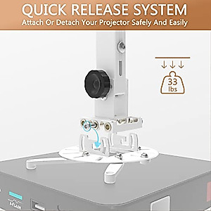 JOY worker Universal Projector Ceiling Mount Wall Bracket Holder Fits Flat or Sloped Ceiling Height Adjustable with Extendable Arms for Home and Office Projector, White
