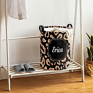 Leopard Print Monogram Personalized Foldable Freestanding Laundry Basket Clothes Hamper with Handle, Custom Collapsible Storage Bin for Toys Bathroom Laundry