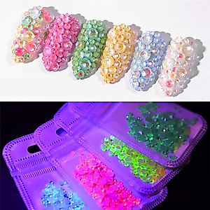 HERIS 8 Pack Mixed Glow Nail Art Rhinestones Fluorescent Diamonds Decorations Accessories Décor Crystals Gems for DIY Manicure