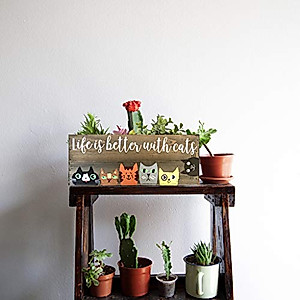 Cat Planter, Life is Better With Cats Wood Planter Box, Cat Mom, Catnip, Cat Lover Gift (Natural Brown Wood)