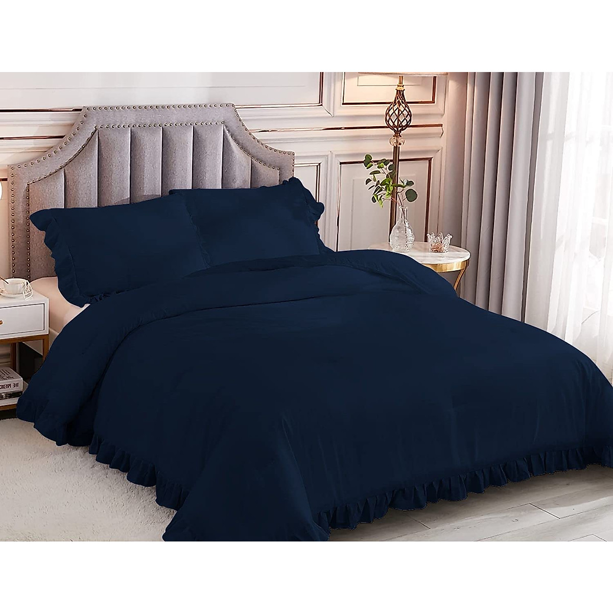 Privilege Bedding Luxurious Edge Ruffle Duvet Cover with Pillowshams 3 Piece Sets 100% Egyptian Cotton 500 TC Queen (90''x90'') Solid Navy Blue
