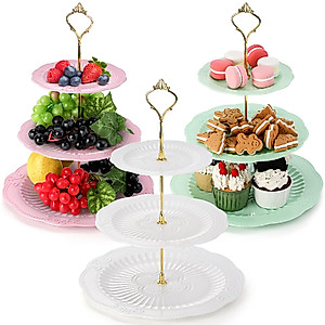 Dicunoy 3 Pack Plastic Cupcake Stands, 3 Tiered Dessert Trays for Display, Embossed Serving Plate Tower Holder, Tea Party Tray for Fruits, Snack, Candy, Buffet, Parties, Wedding, Birthday, Christmas