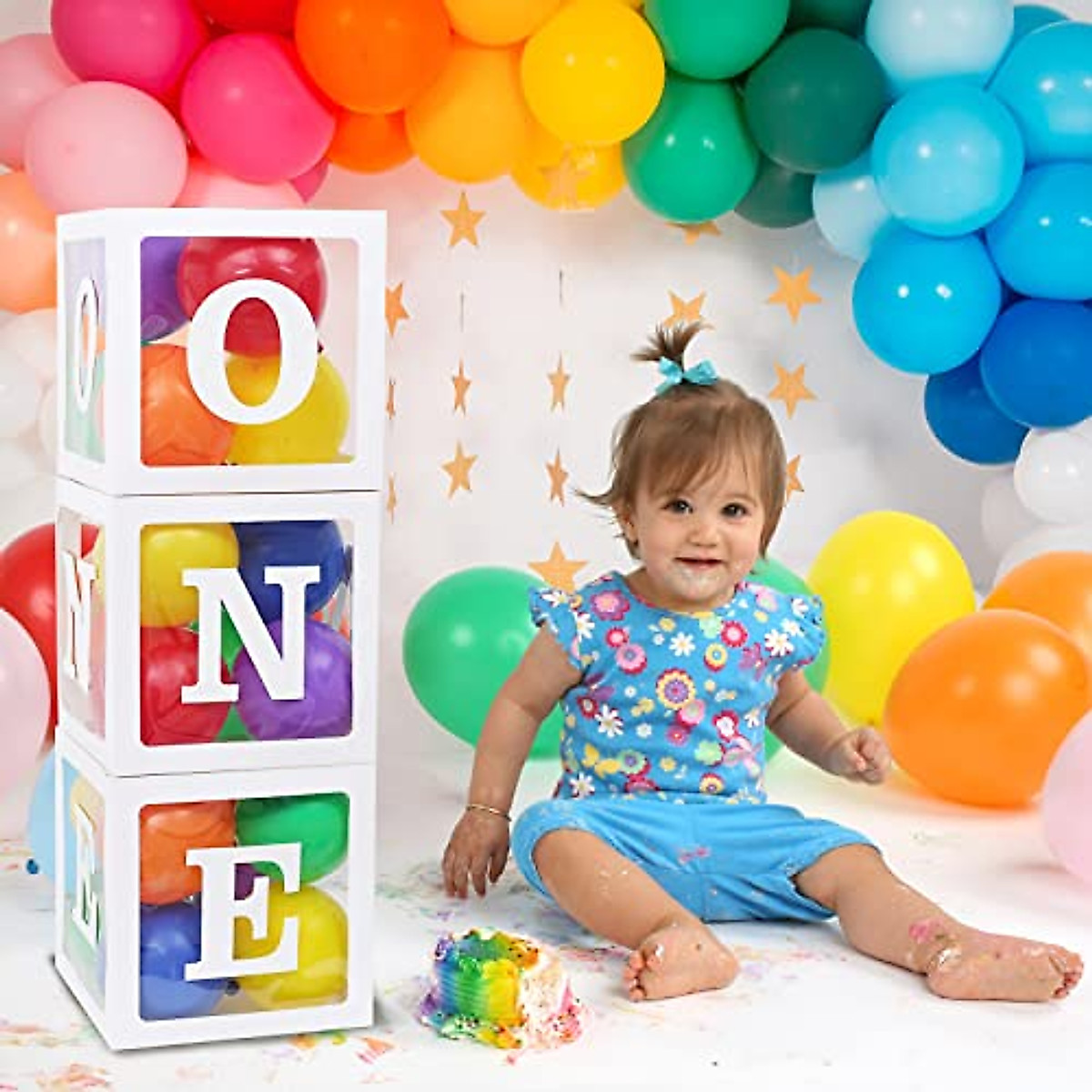 RUBFAC One Boxes for 1st Birthday, First Birthday Decorations for Boy Girls, 3pcs Baby Shower Boxes with 24pcs Balloons ‘ONE’ ‘TWO’ Letters for Birthday Backdrop, Cake Smash Photo Props