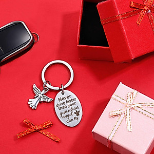 Hotop Sweet Guardian Angel Keychain New Driver Key Ring Gift Never Drive Faster Than Your Angel Can Fly Keychain Charm for Women Girls