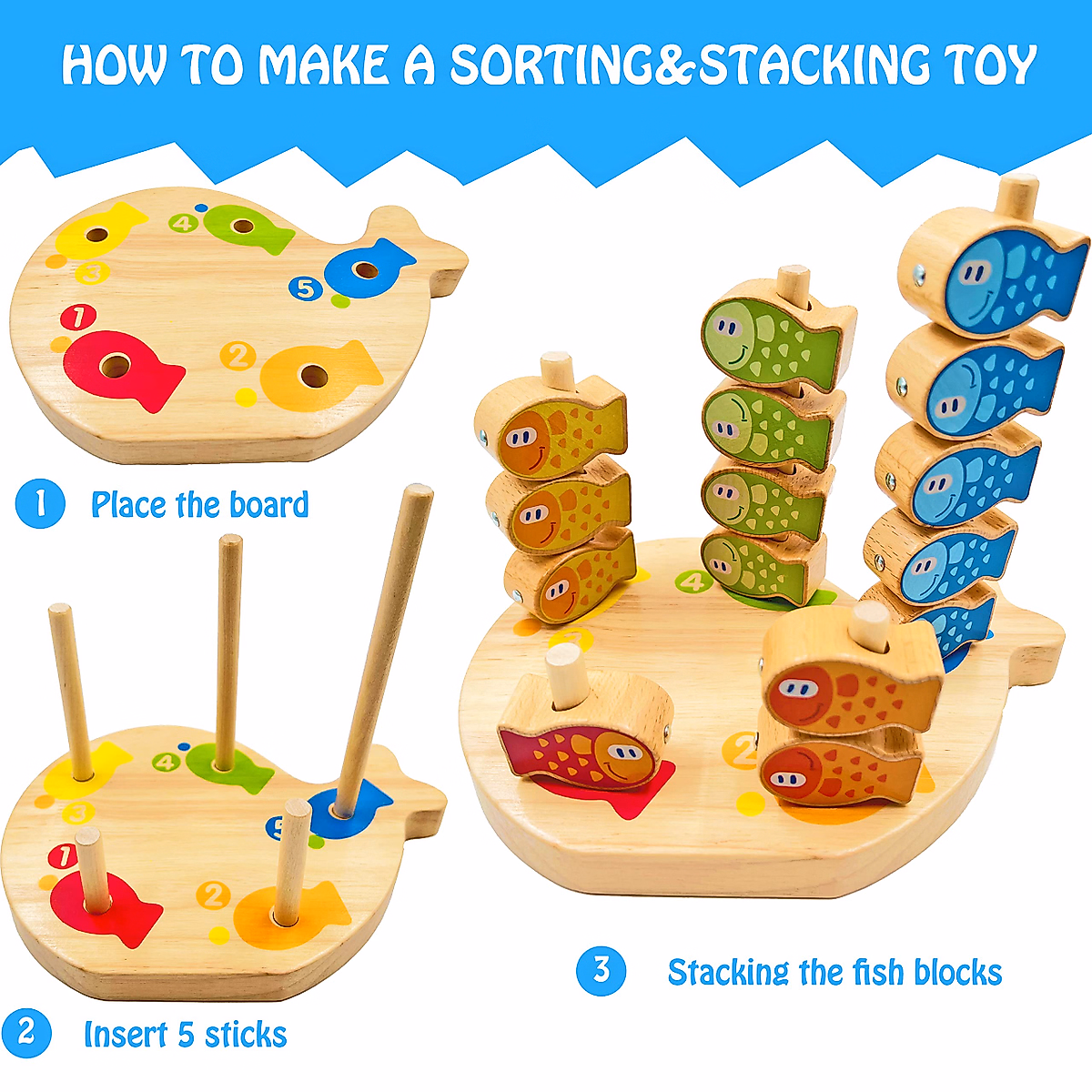 Dailyfunn Montessori Toy 4-in-1 Magnetic Fishing Game Stacking Blocks Lacing Beads Toys for Toddlers-Kids