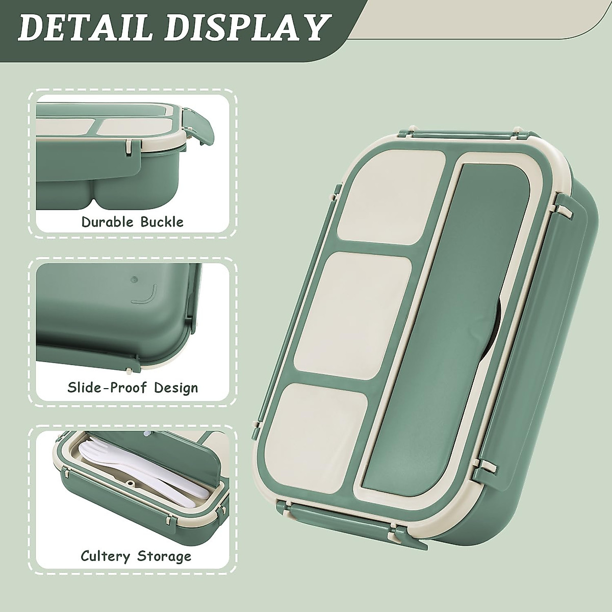 QQKO Bento Box Adult Lunch Box, Bento Box for Kids, 1200 ML Lunch Containers for Adults, Food Storage Container With 4 Compartments, Leak-Proof, Microwave, Dishwasher Safe, Green