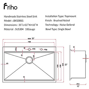 Friho 33"x 22" Inch Drop in Stainless Steel Kitchen Sink,Brushed Nickel Kitchen Sinks,Single Bowl Basin Handmade Topmount Kitchen Sink With Dish Grid,Dish Drainer,Cutting Board and Basket Strainer