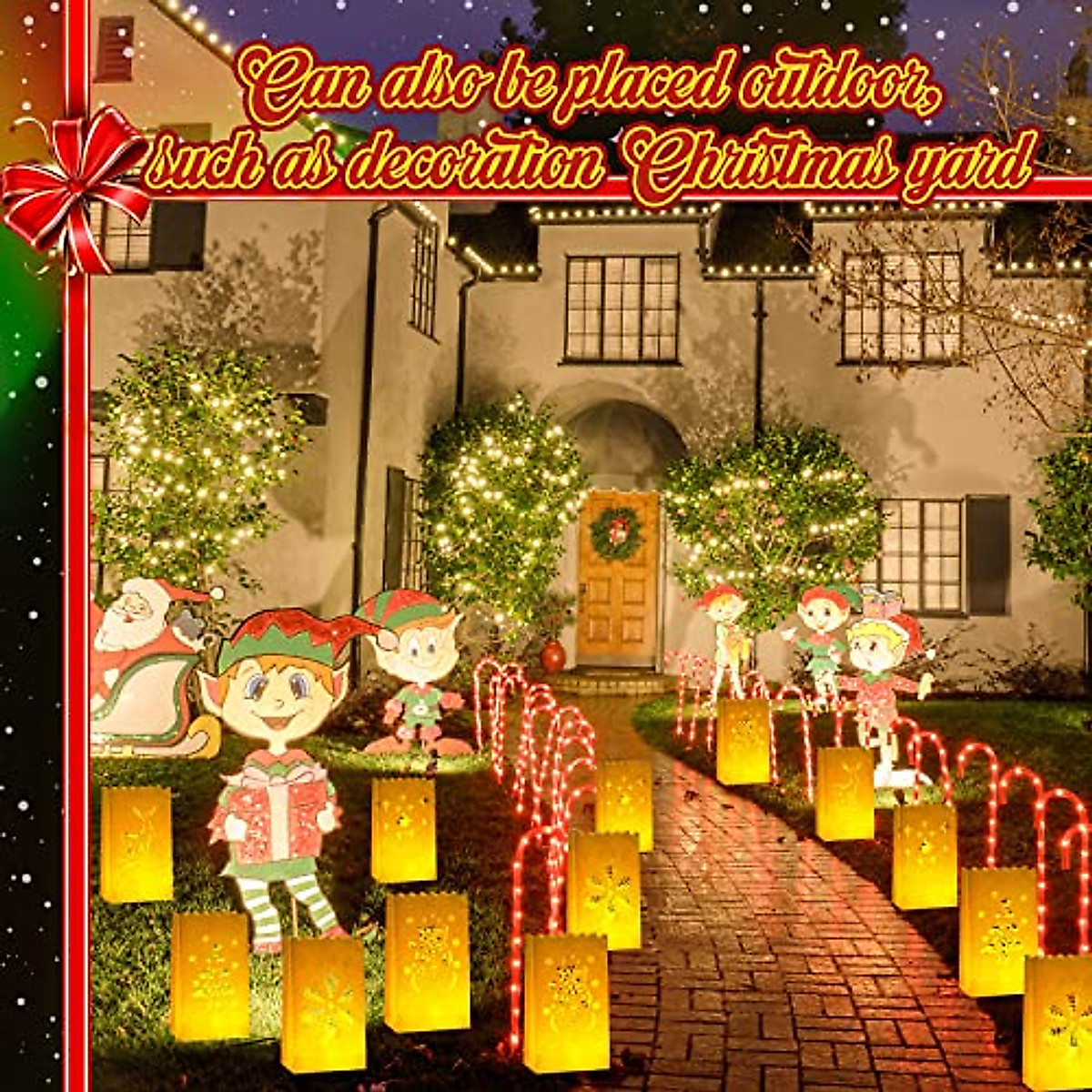 100 Pieces Christmas Luminary Bags White Paper Luminary Bags Flame Resistant Candle Bags Lantern Bags 5 Designs with Christmas Tree Snowflake Snowman Reindeer for Christmas Party Decoration