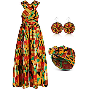 Haysandy 3 Pcs Women African Ankara Print Traditional Costume Set Long Maxi Dress Headwraps Scarf Drop Dangle Earrings(X-Large)