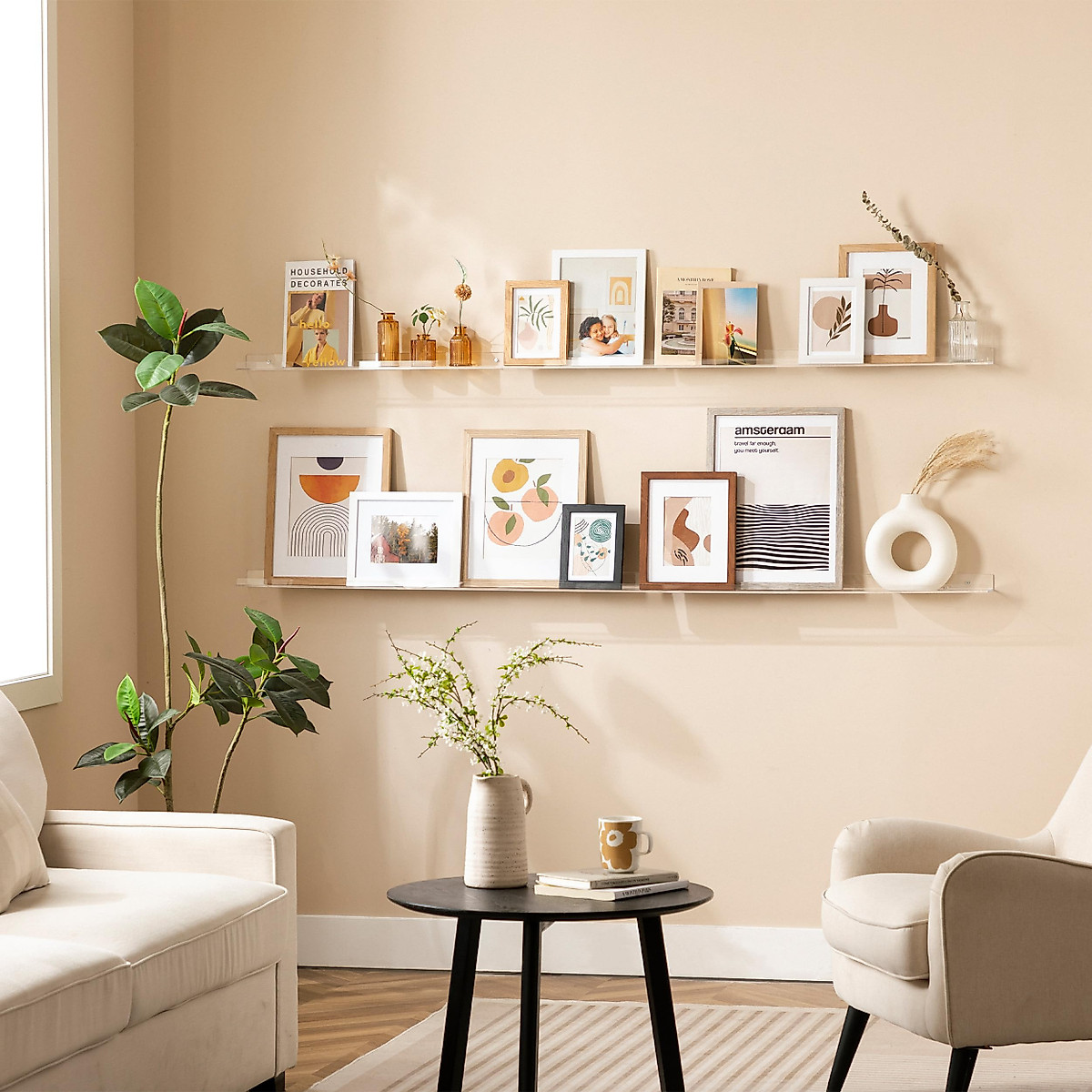 HBlife Acrylic Clear 2 Pack 72 Inch Floating Shelves, Picture Frames Display Rack Set of 2, Narrow Wall Mounted Picture Ledge Shelf for Living Room Bedroom Decor Books Photo Frames