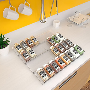 Dingelex 2 Pack Adjustable Expandable 4 Tier Acrylic Spice Rack Tray Drawer Organizer, Clear Spice Drawer Organizer Insert for Kitchen Cabinets, Expands 8’’ to 16’’