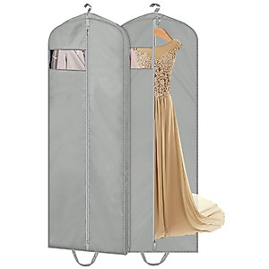 MISSLO 65" Long Garment Bags for Travel Dress Bags Wedding Dress Cover Waterproof Clothing Bags Storage Traveling Clothes Protector for Closet Wardrobe Bags 2 Packs for Gowns, Tuxedos, Coats, Gray