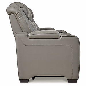Signature Design by Ashley Backtrack Contemporary Tufted Leather Power Reclining Loveseat with Console and Adjustable Headrest, Light Gray